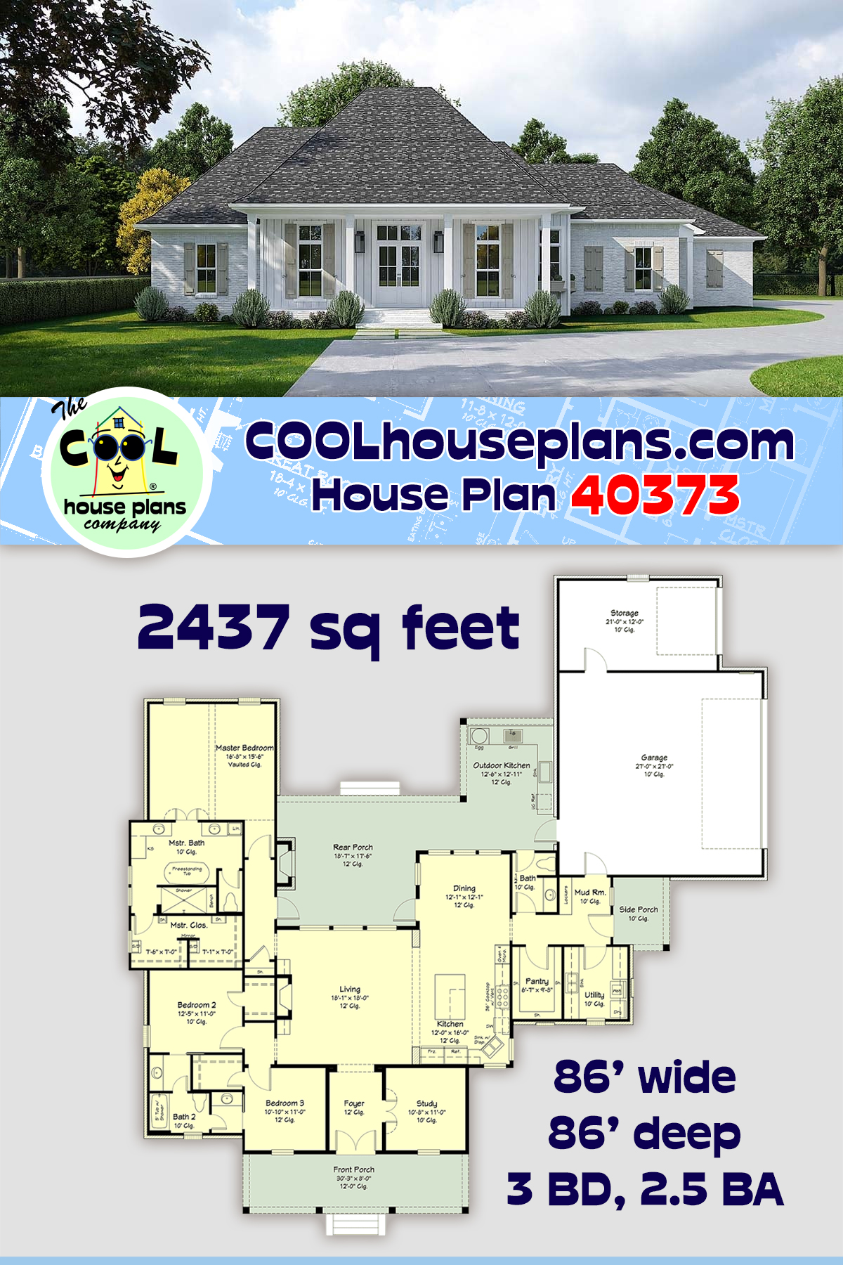 House Plan 40373 - Southern Style with 2437 Sq Ft, 3 Bed, 2 Bath, | COOLhouseplans.com