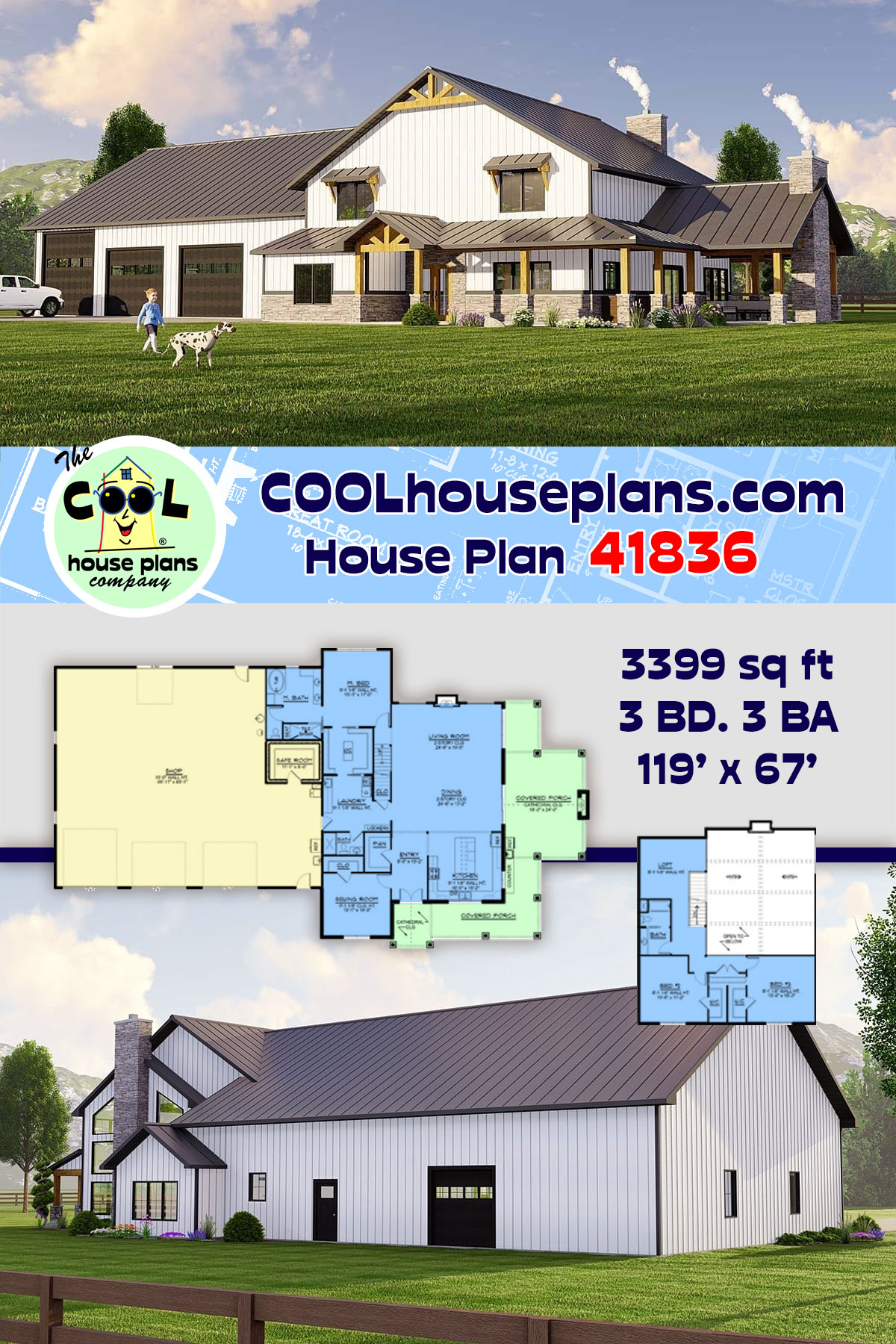 House Plan 41836 - Barndominium Style with 3399 Sq Ft, 3 Bed, 3 B ...