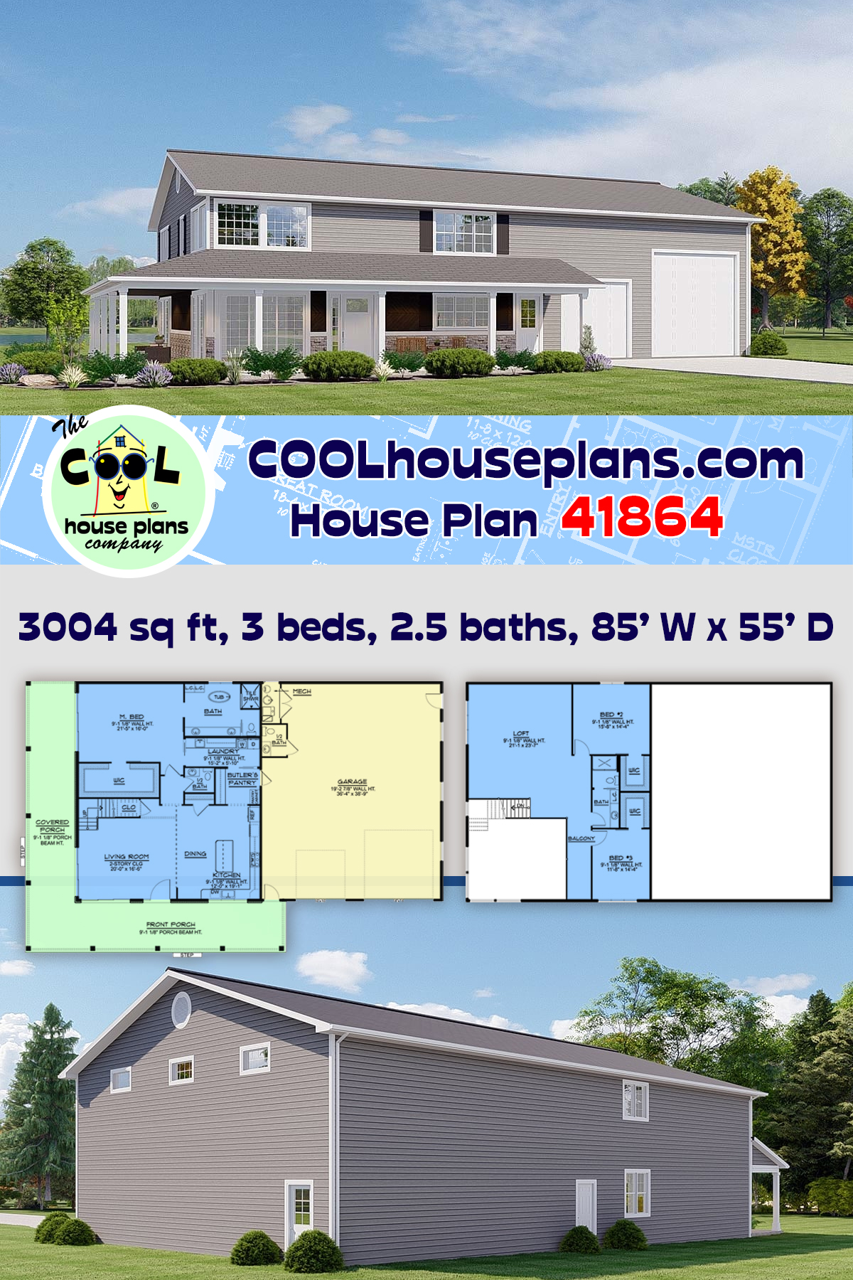 House Plan 41864 - Traditional Style with 3004 Sq Ft, 3 Bed, 2 Ba ...