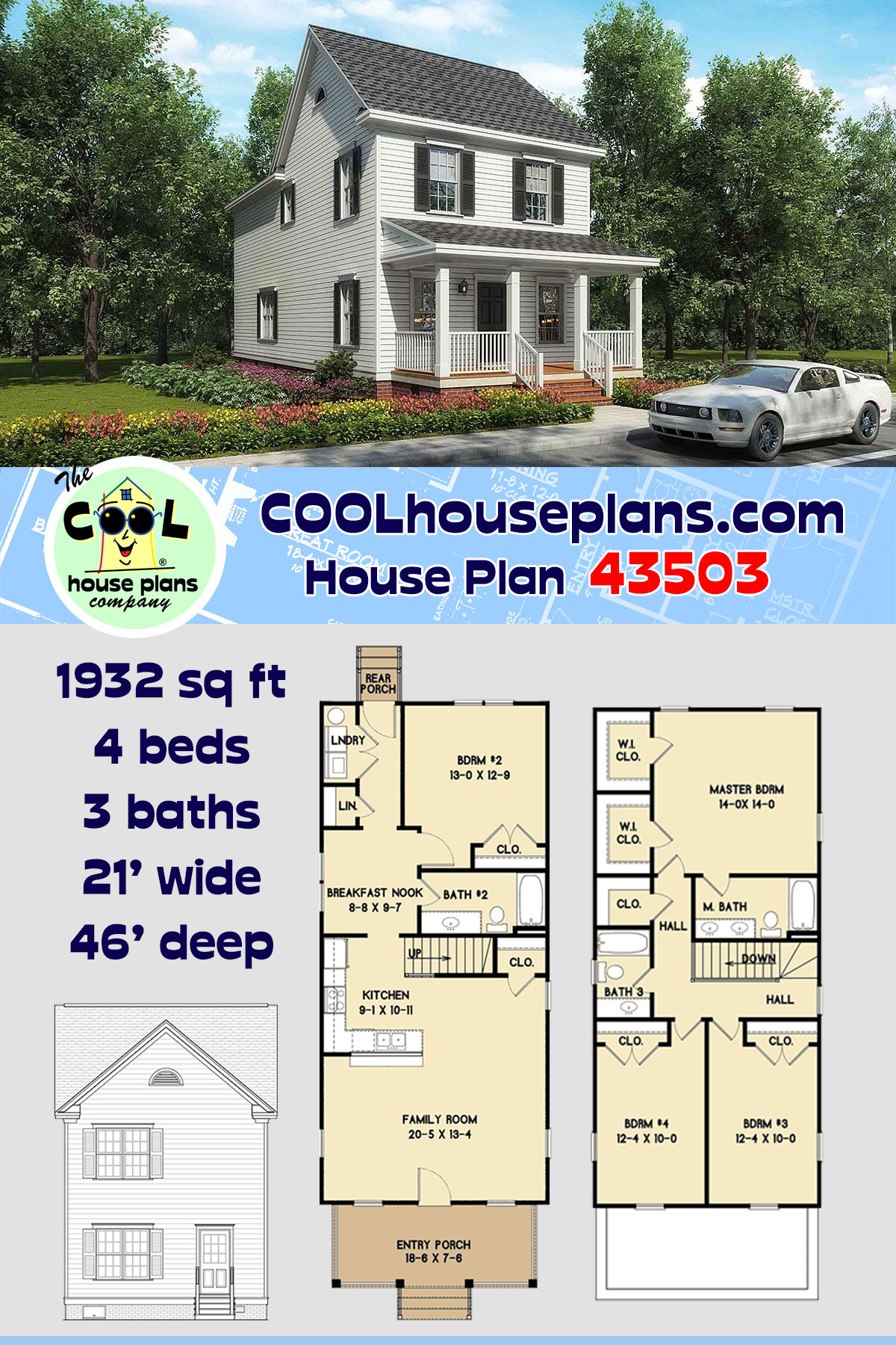 House Plan 43503 - Traditional Style with 1932 Sq Ft, 4 Bed, 3 Ba ...