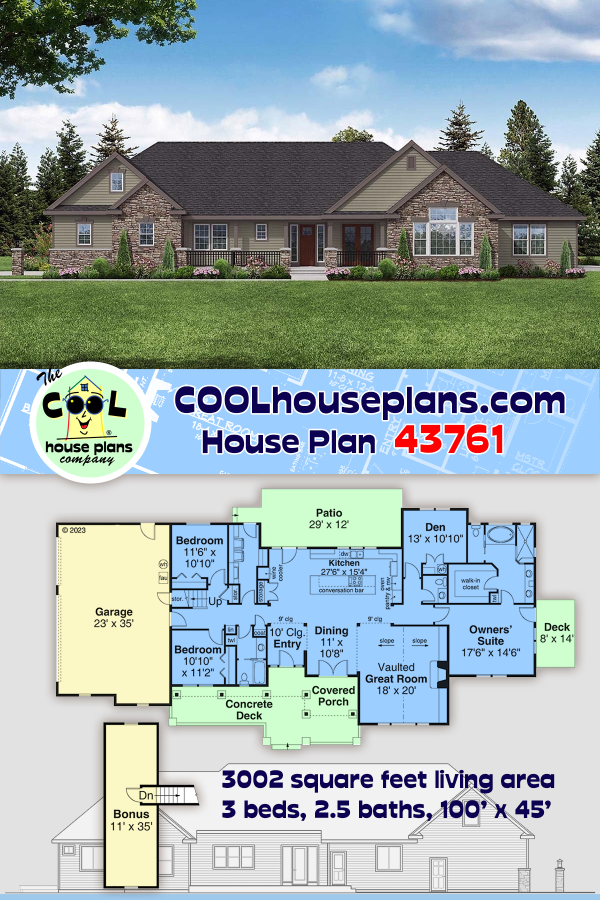 House Plan 43761 - Traditional Style with 3002 Sq Ft, 3 Bed, 2 Ba