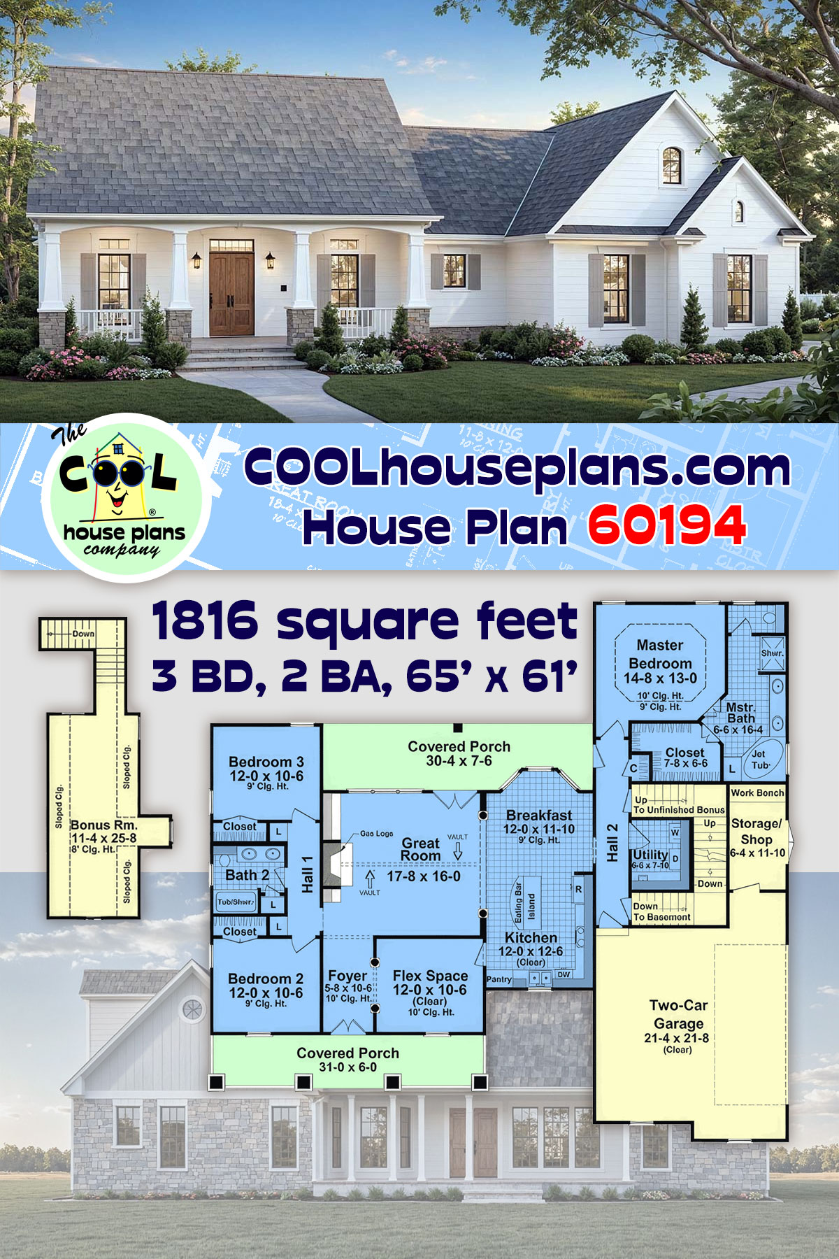 House Plan 60194 - Ranch Style with 1816 Sq Ft, 3 Bed, 2 Bath ...