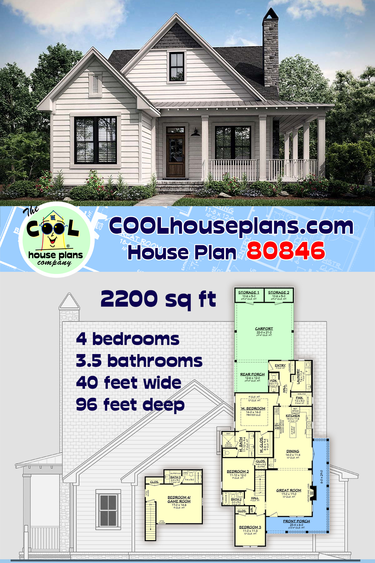 House Plan 80846 - Farmhouse Style with 2200 Sq Ft, 4 Bed, 3 Bath ...