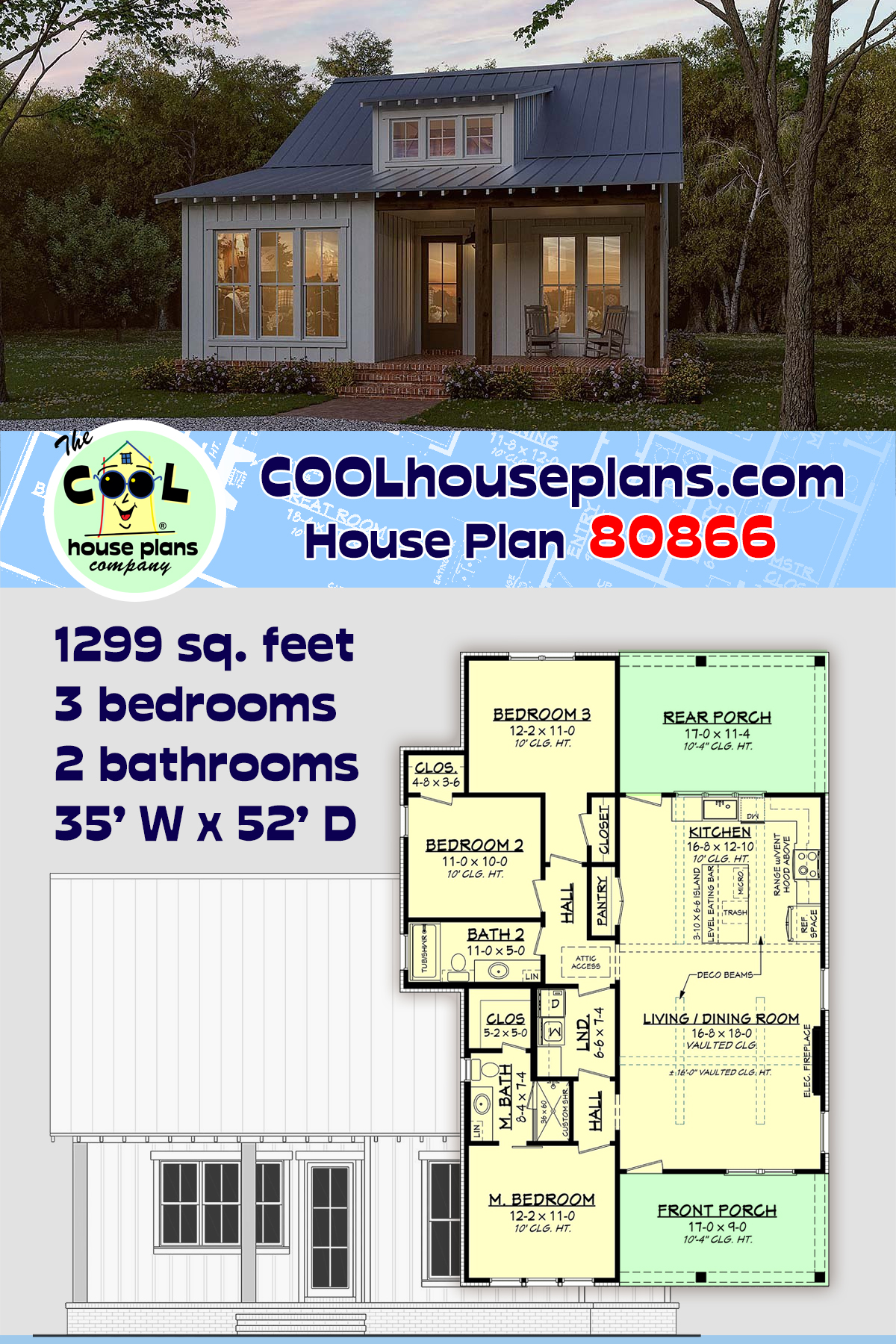 House Plan 80866 - Traditional Style with 1299 Sq Ft, 3 Bed, 2 Ba ...