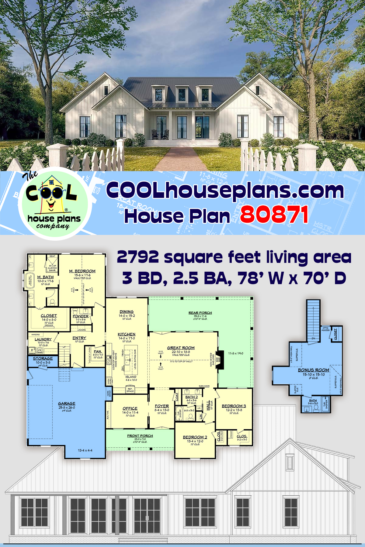 House Plan 80871 - Farmhouse Style with 2792 Sq Ft, 3 Bed, 2 Bath | COOLhouseplans.com