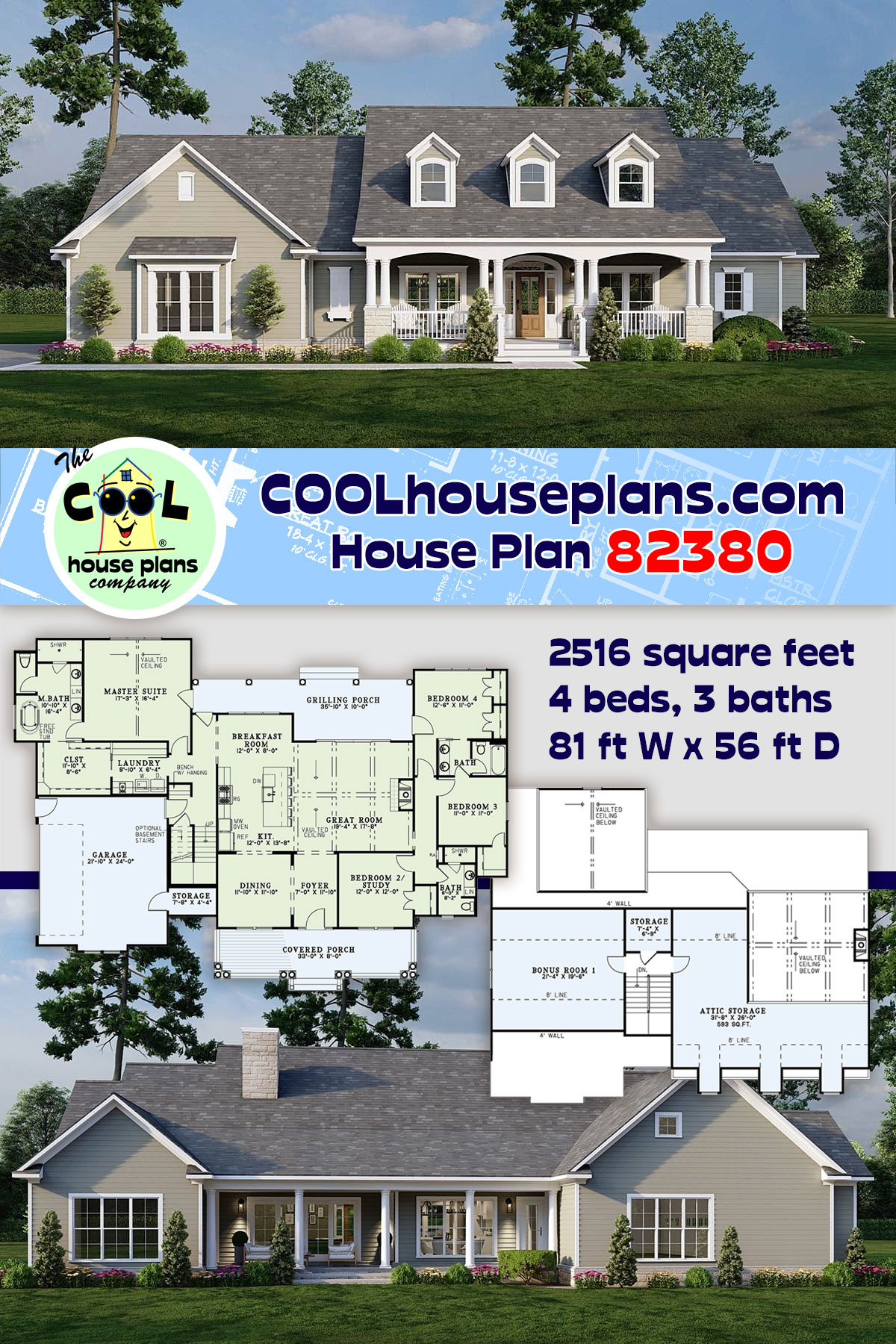 House Plan 82380 - Traditional Style with 2516 Sq Ft, 4 Bed, 3 Ba ...