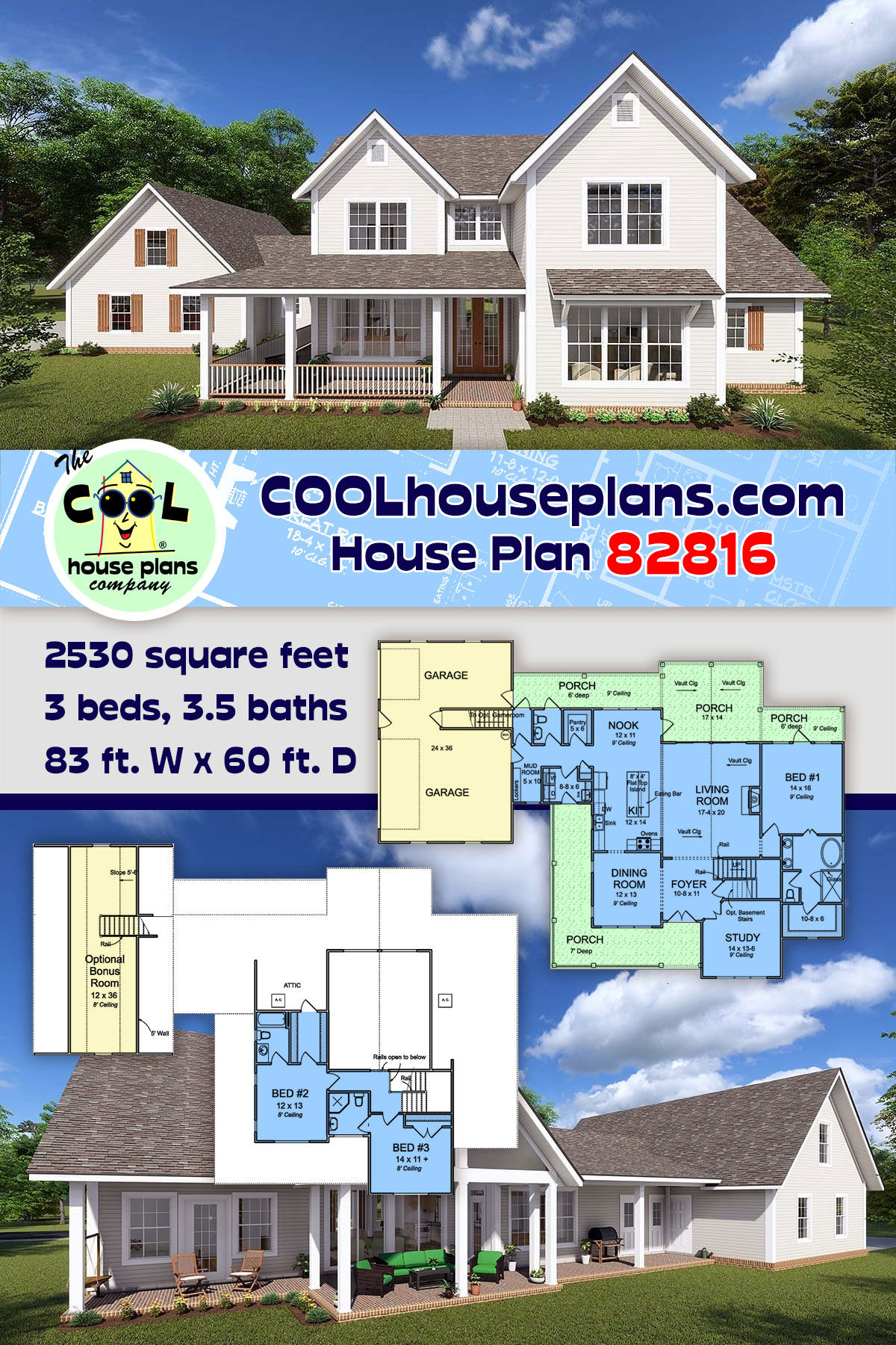 House Plan 82816 - Farmhouse Style with 2530 Sq Ft, 3 Bed, 3 Bath ...