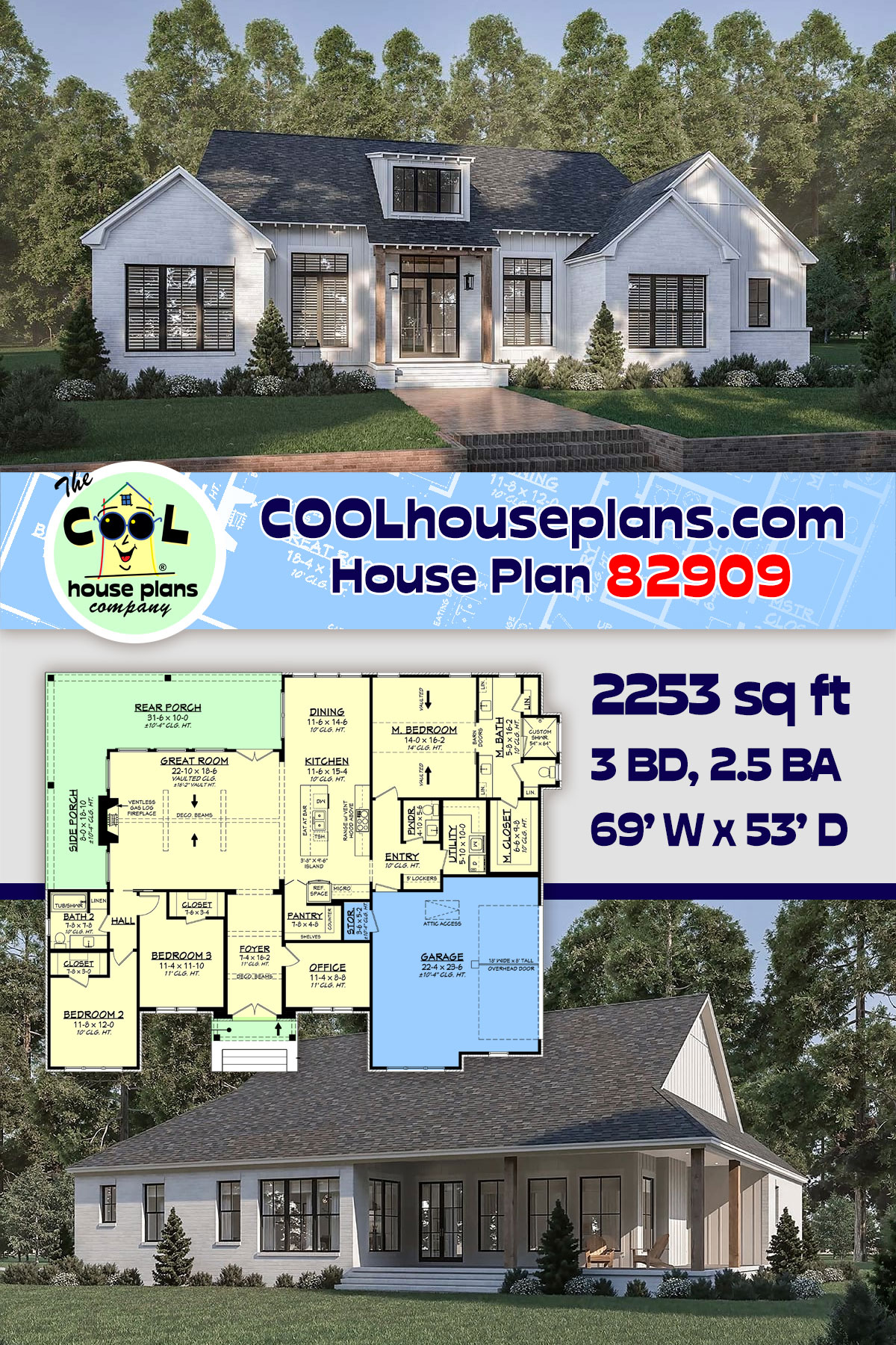 House Plan 82909 - Traditional Style with 2253 Sq Ft, 3 Bed, 2 Ba ...