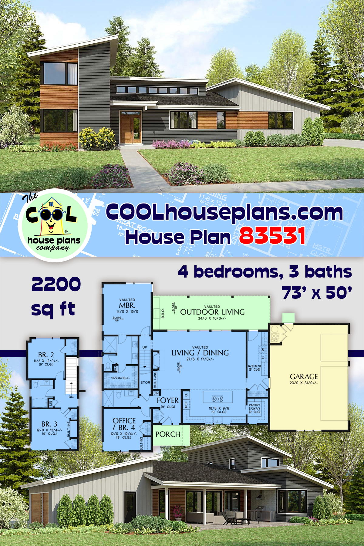 House Plan 83531 - Contemporary Style with 2200 Sq Ft, 4 Bed, 3 B