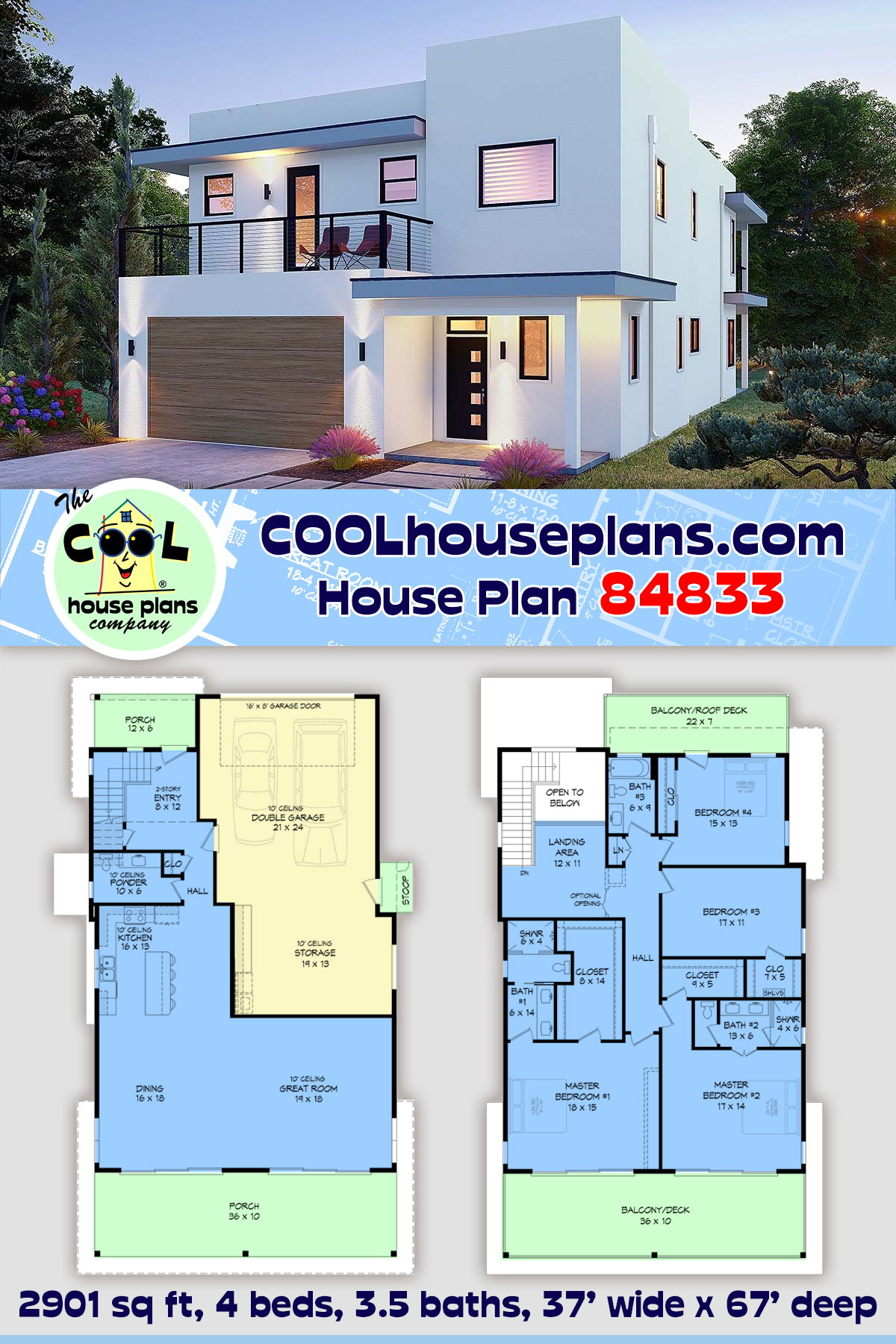 House Plan 84833 - Modern Style with 2901 Sq Ft, 4 Bed, 3 Bath, 1