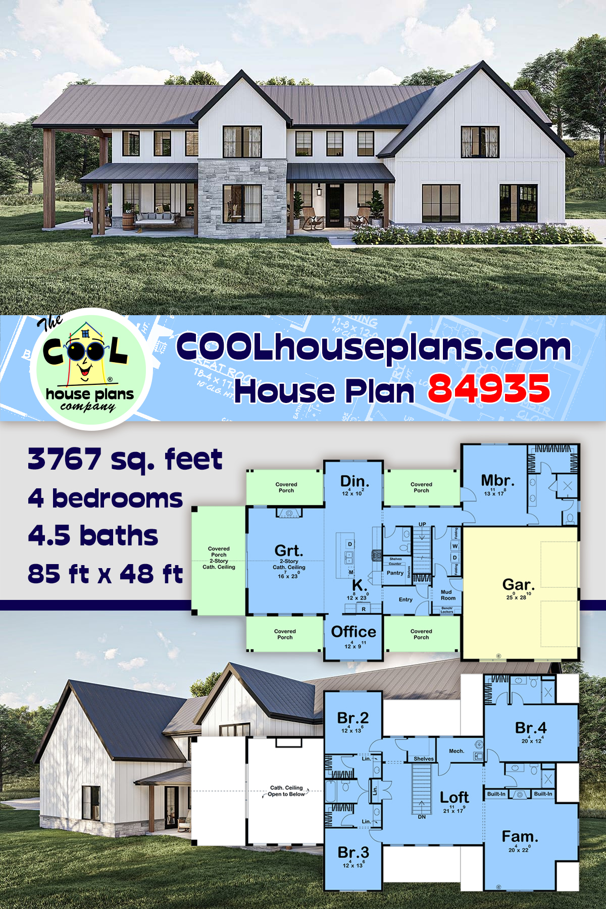 House Plan 84935 - New American Style with 3767 Sq Ft, 4 Bed, 4 B ...